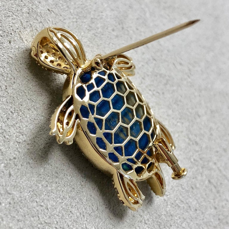 Syna Chrysocolla Yellow Gold Turtle Pin and Pendant with Champagne ...