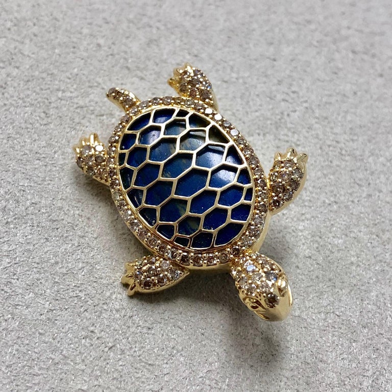 Syna Chrysocolla Yellow Gold Turtle Pin and Pendant with Champagne ...