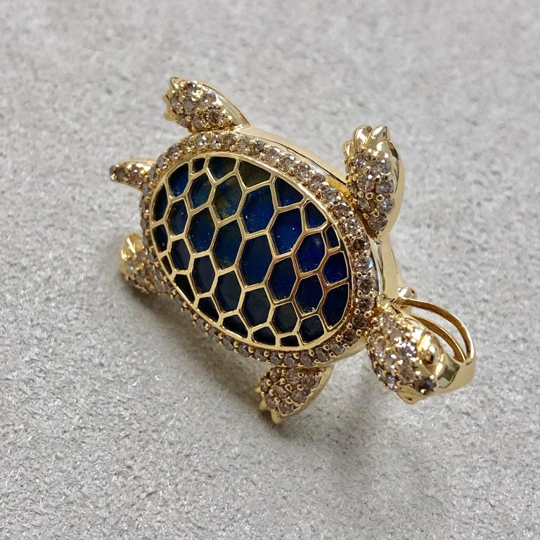 Syna Chrysocolla Yellow Gold Turtle Pin and Pendant with Champagne ...