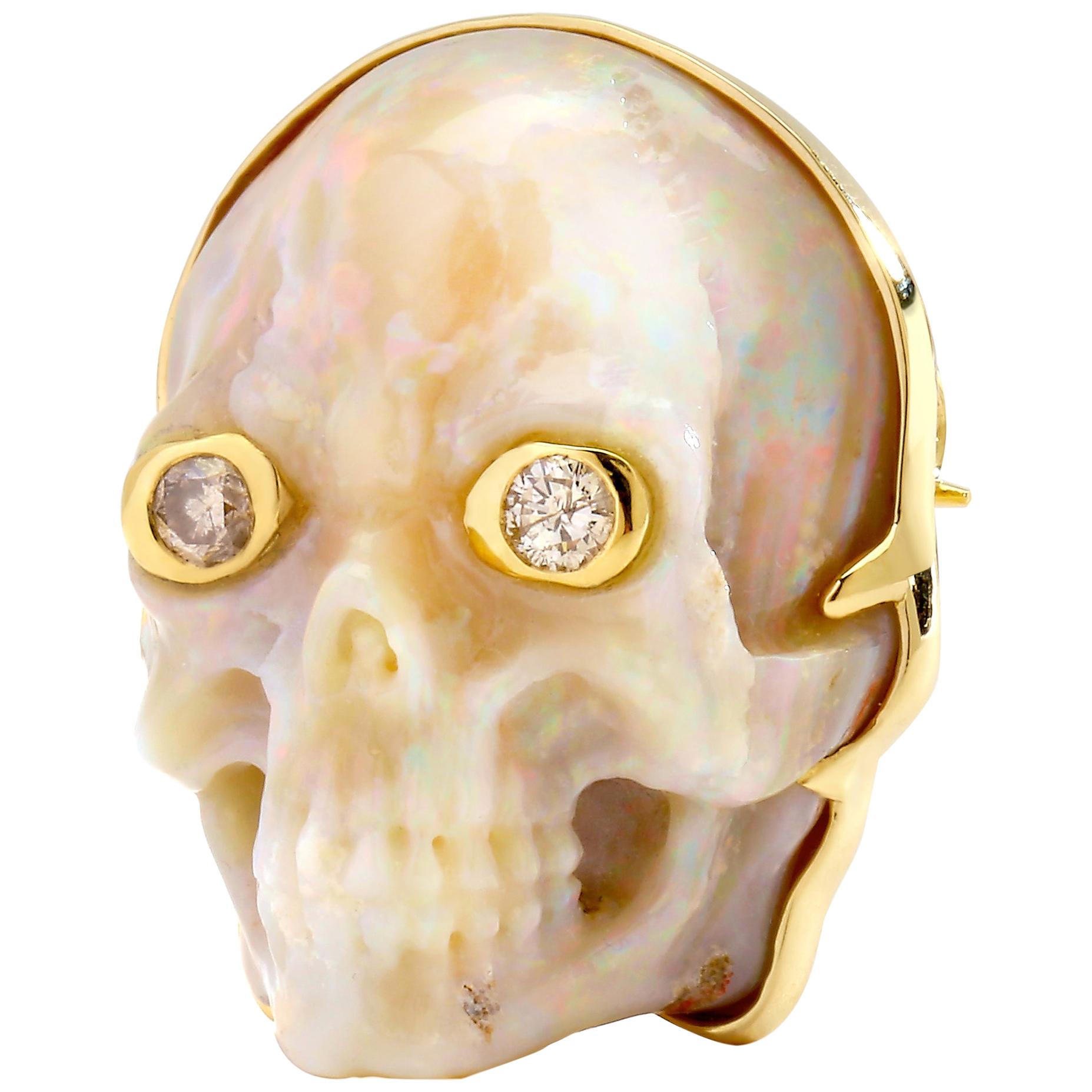 Syna Ethiopian Opal Yellow Gold Skull Brooch and Pendant with Champagne ...