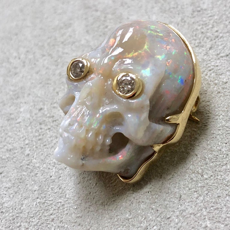 Syna Ethiopian Opal Yellow Gold Skull Brooch and Pendant with Champagne ...