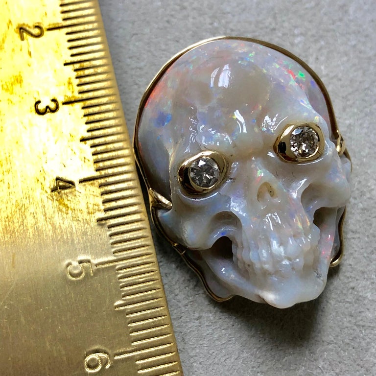 Syna Ethiopian Opal Yellow Gold Skull Brooch and Pendant with Champagne ...