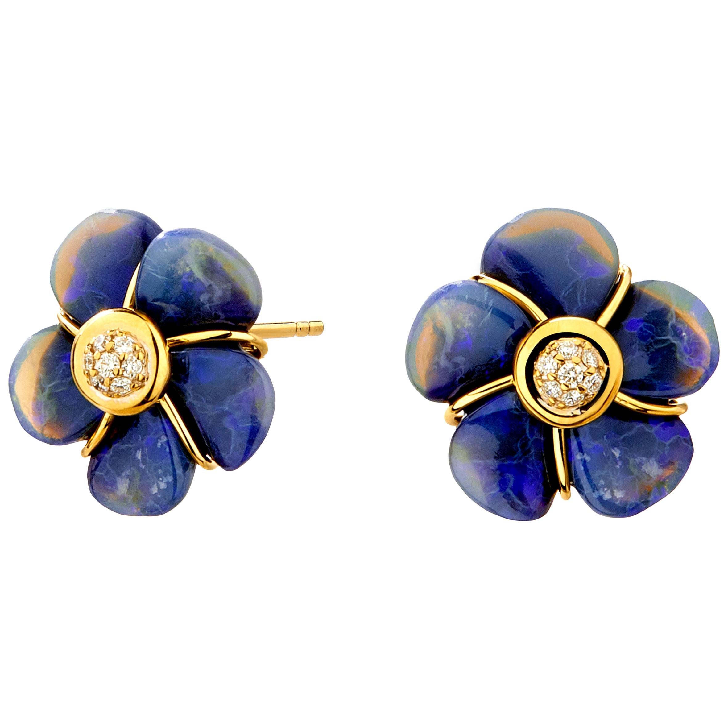 Syna Hand Carved Pink Opal Flower Earrings with Diamonds For Sale at ...