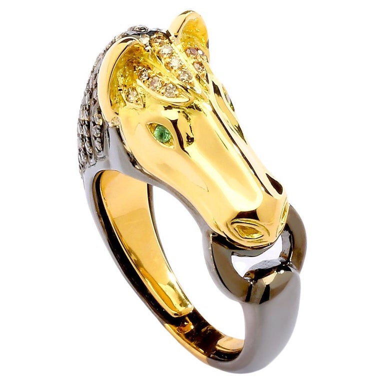 Syna Yellow Gold and Oxidized Silver Horse Ring with Tsavorites and ...