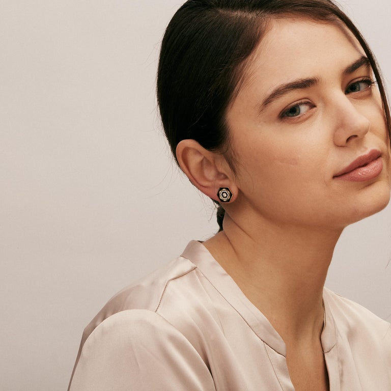 Syna Yellow Gold Black and White Enamel Hex Earrings with Diamonds For Sale at 1stDibs
