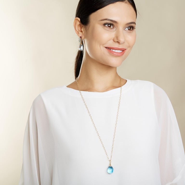 Syna Yellow Gold Blue Topaz Drop Pendant with Diamonds For Sale at 1stDibs