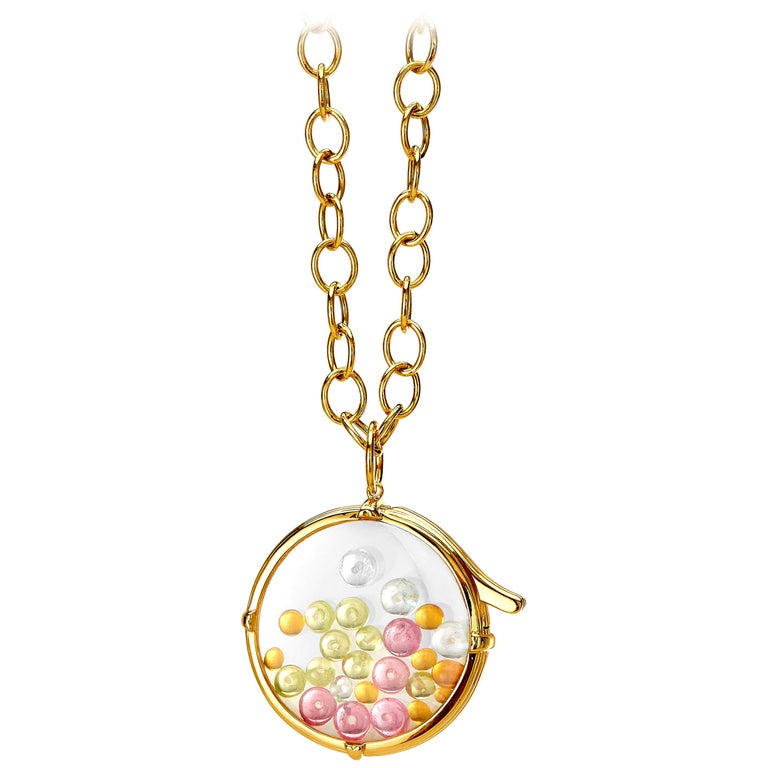 Syna Yellow Gold Crystal Locket with Multi-Color Gemstone Beads at 1stDibs