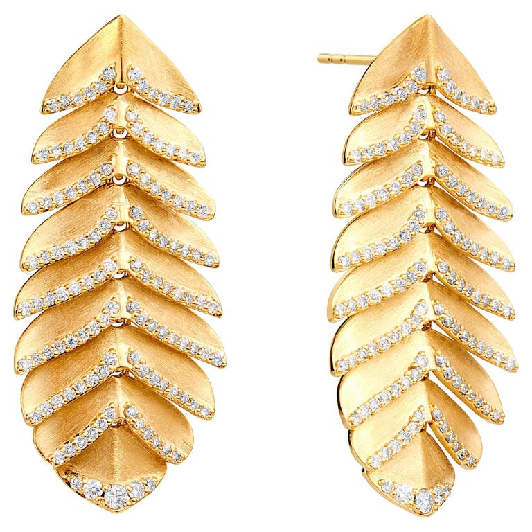 Syna Yellow Gold Feather Earrings with Diamonds For Sale at 1stDibs