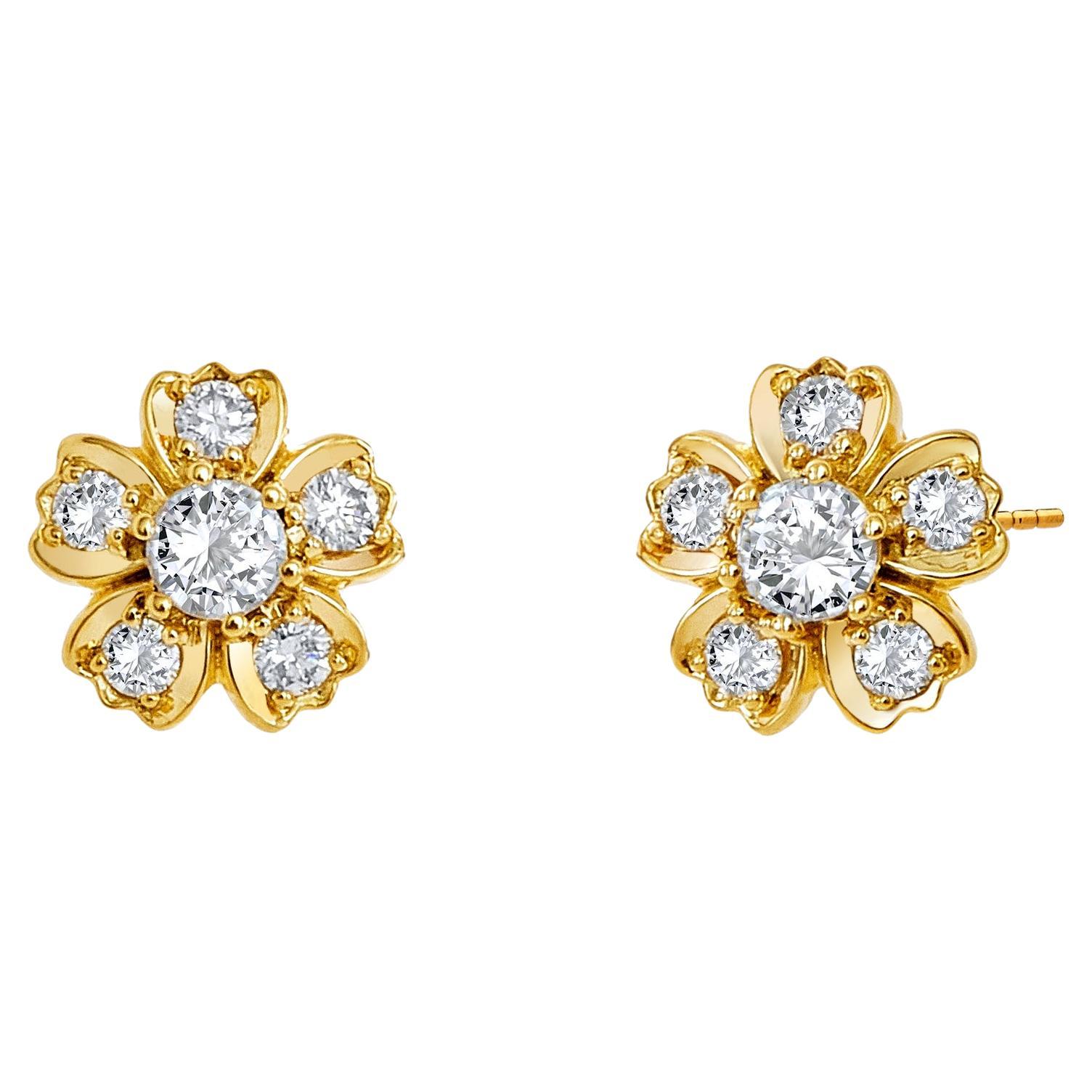 Syna Yellow Gold Jardin Flower Studs with Diamonds For Sale at 1stDibs