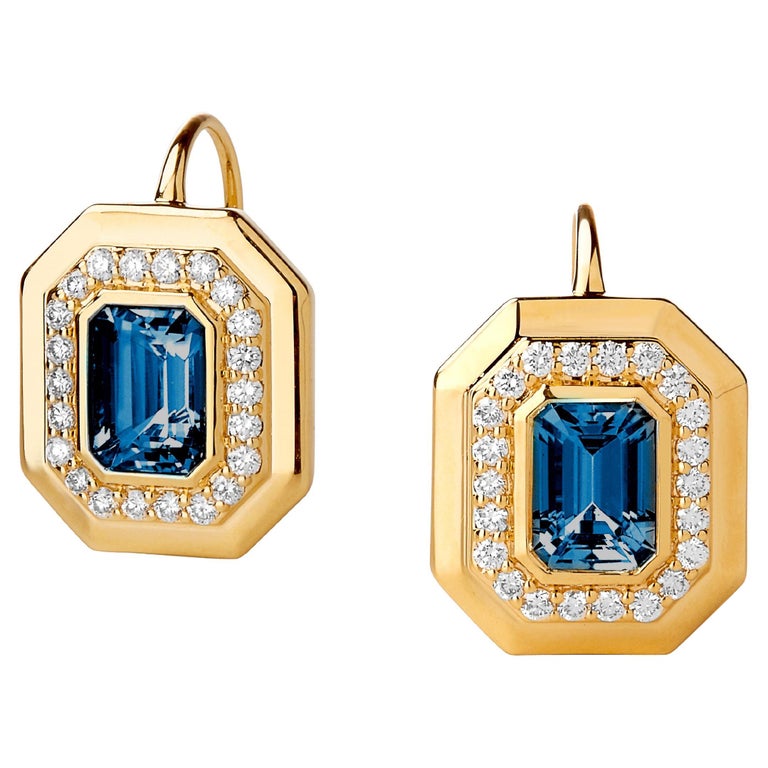 Syna Yellow Gold Geometrix London Blue Topaz Earrings with Diamonds For ...
