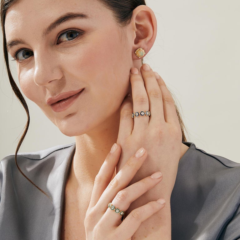 Syna Yellow Gold Hex Band with Emerald Green Enamel and Diamonds For ...