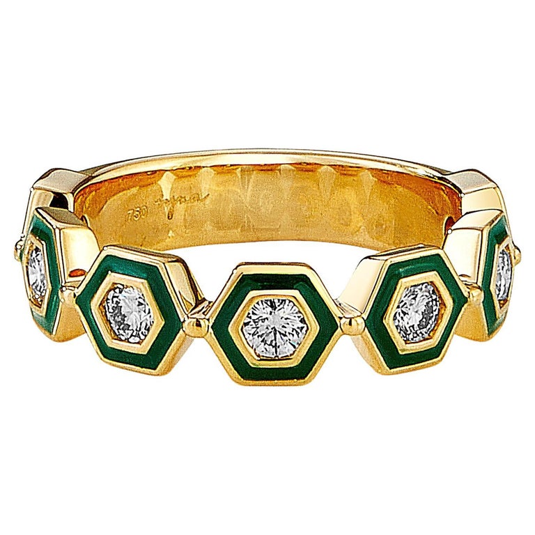 Syna Yellow Gold Hex Band with Emerald Green Enamel and Diamonds For ...