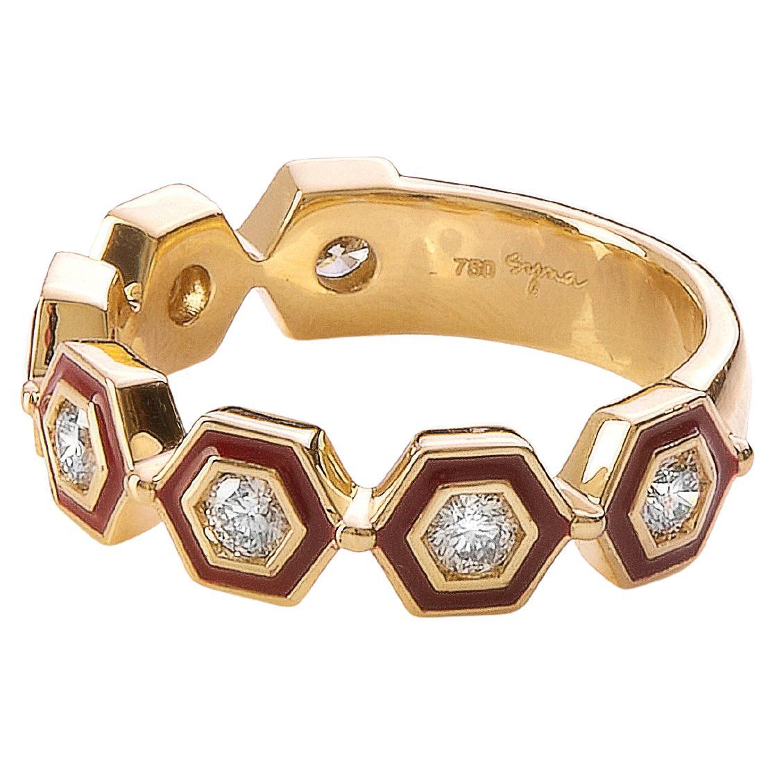 Syna Yellow Gold Hex Band with Black Enamel and Champagne Diamonds For ...