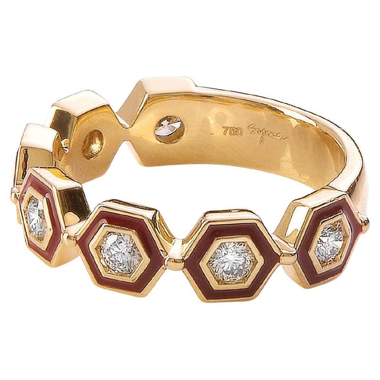 Syna Yellow Gold Hex Band with Red Enamel and Diamonds For Sale at 1stDibs