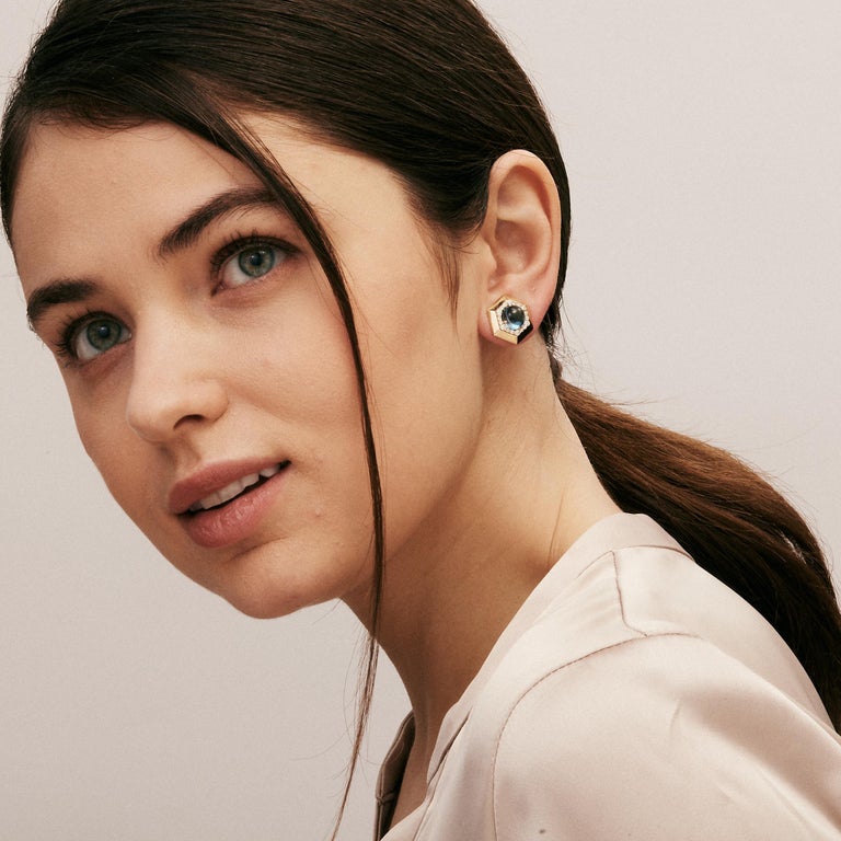 Syna Yellow Gold Hex Earrings with London Blue Topaz and Diamonds For Sale at 1stDibs