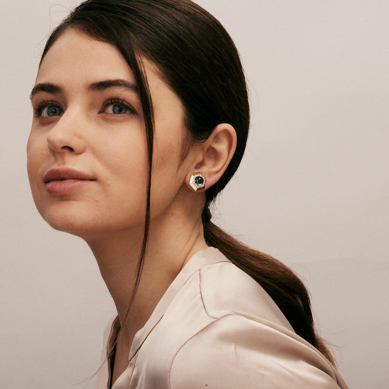 Syna Yellow Gold Hex Earrings with London Blue Topaz and Diamonds For Sale at 1stDibs