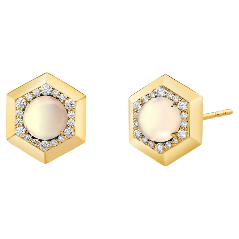 Syna Yellow Gold Hex Earrings with Moon Quartz and Champagne Diamonds ...