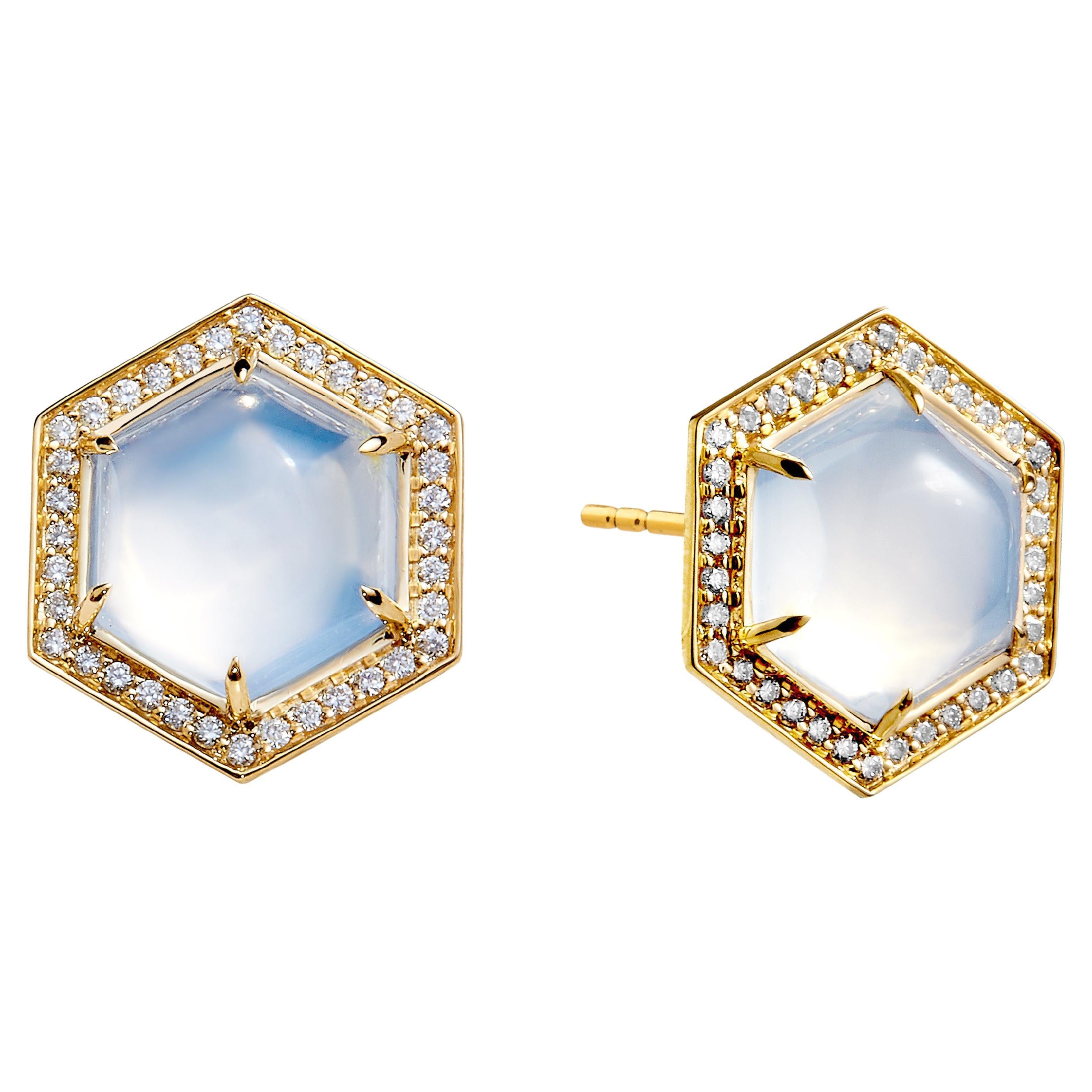 Syna Yellow Gold Hex Earrings with Moon Quartz and Diamonds For Sale at ...