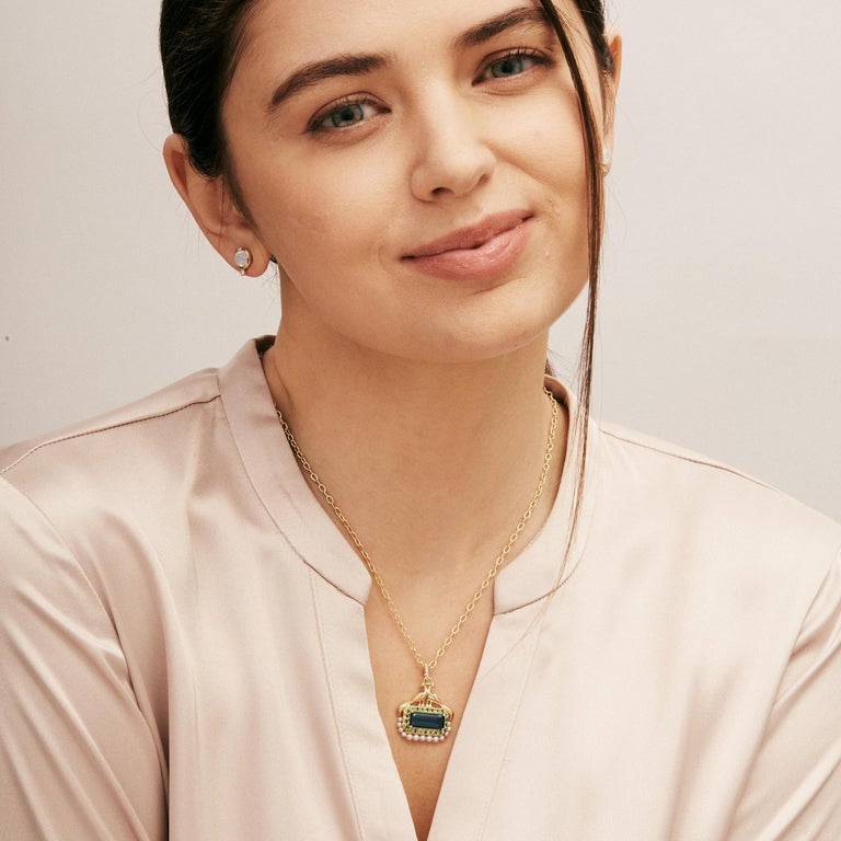 Syna Yellow Gold London Blue Topaz Pendant with Pearls and Diamonds For ...