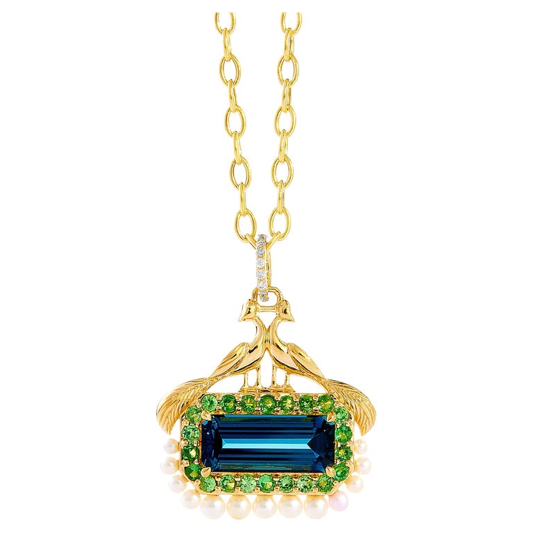 Syna Yellow Gold London Blue Topaz Pendant with Pearls and Diamonds For ...