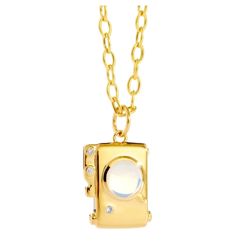 Syna Yellow Gold Moon Quartz Camera Charm with Diamonds For Sale at 1stDibs