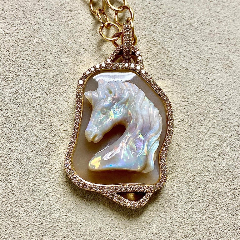 Syna Yellow Gold Opal Horse Pendant with Champagne Diamonds For Sale at ...