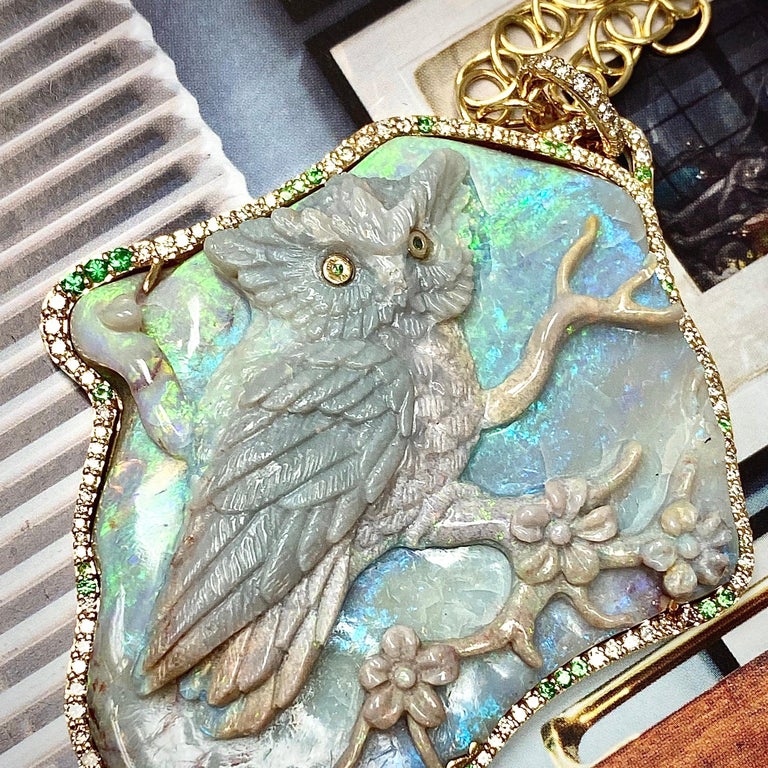 Syna Yellow Gold Opal Owl Pendant with Diamonds and Tsavorite at 1stDibs