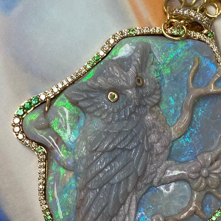 Syna Yellow Gold Opal Owl Pendant with Diamonds and Tsavorite at 1stDibs