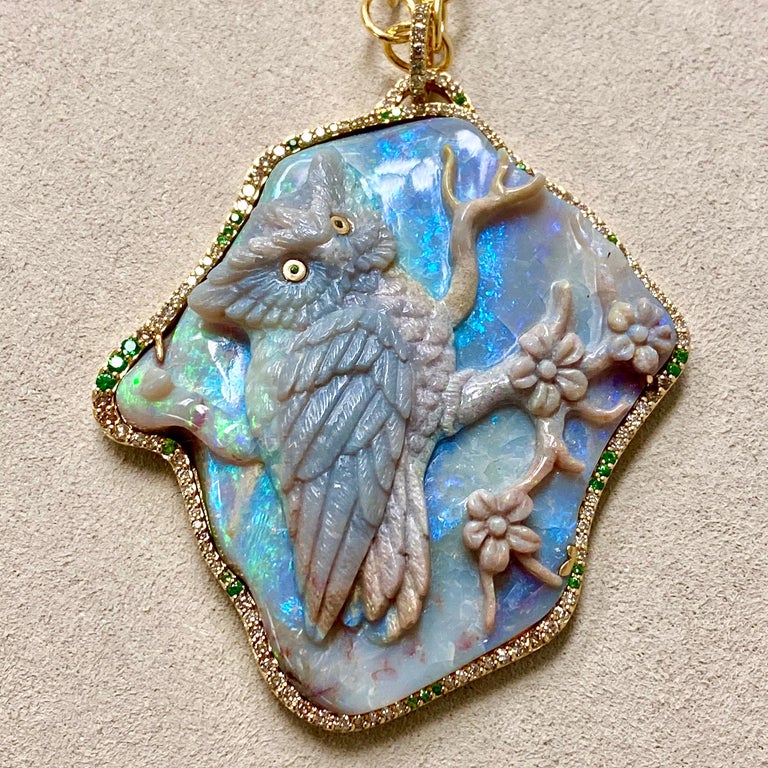 Syna Yellow Gold Opal Owl Pendant with Diamonds and Tsavorite at 1stDibs