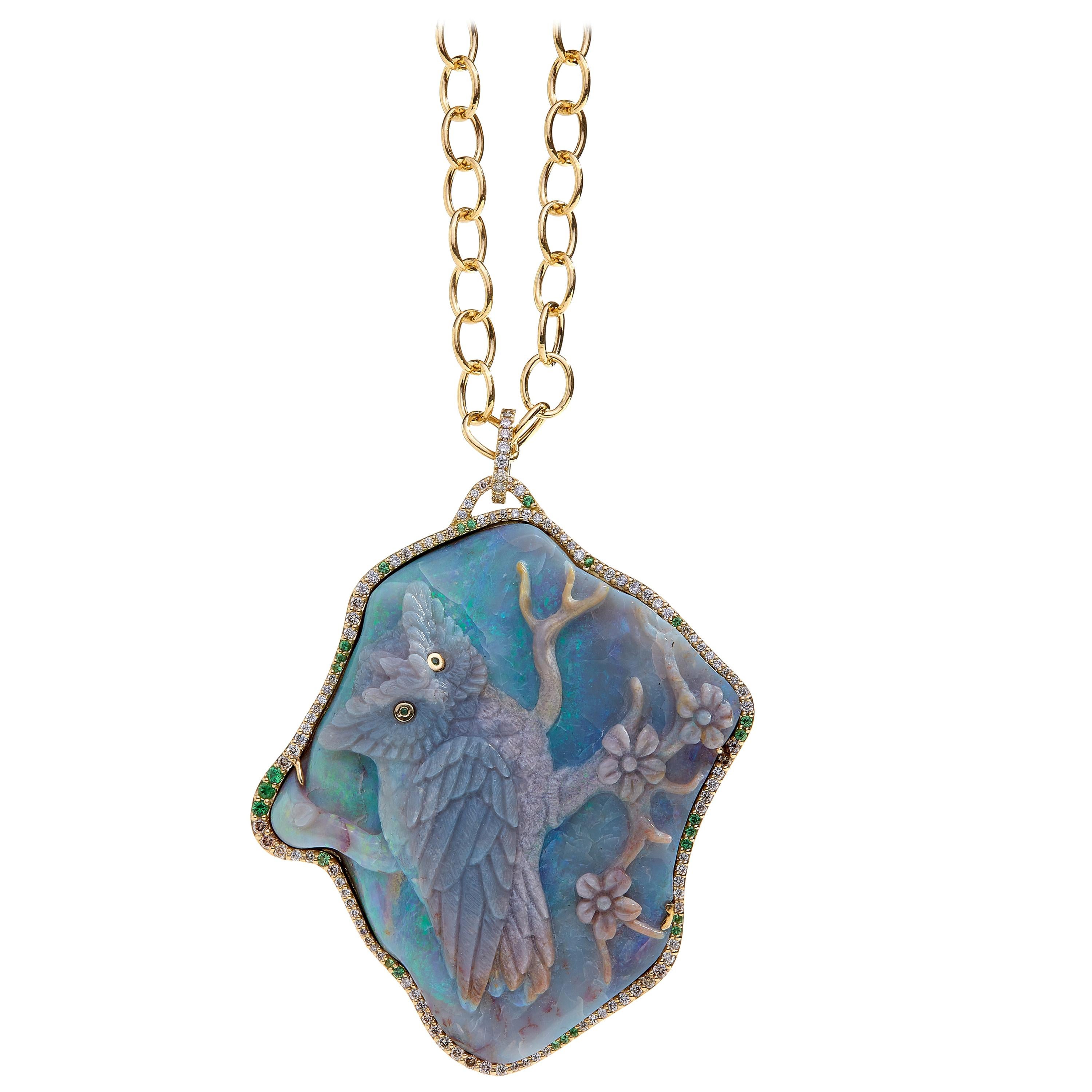 Syna Yellow Gold Opal Owl Pendant with Diamonds and Tsavorite at 1stDibs