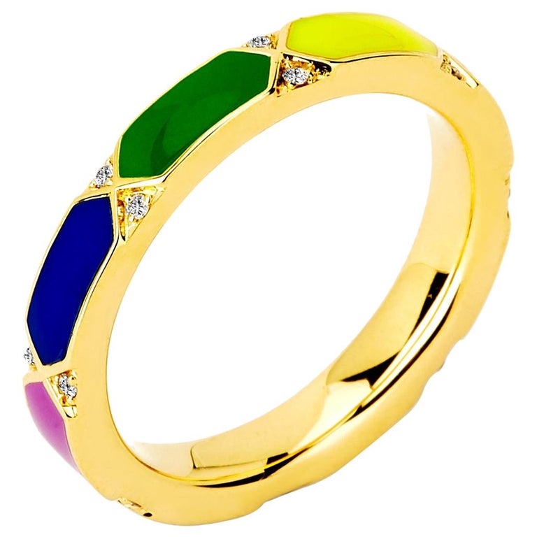 Syna Yellow Gold Rainbow Enamel Ring with Diamonds at 1stDibs