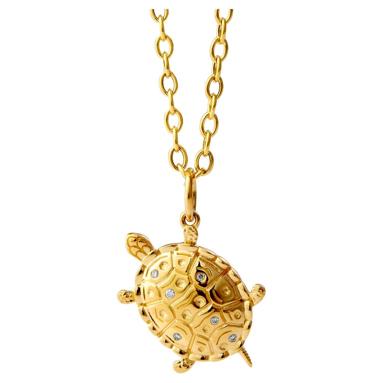 Syna Yellow Gold Turtle Charm Pendant with Diamonds For Sale at 1stDibs