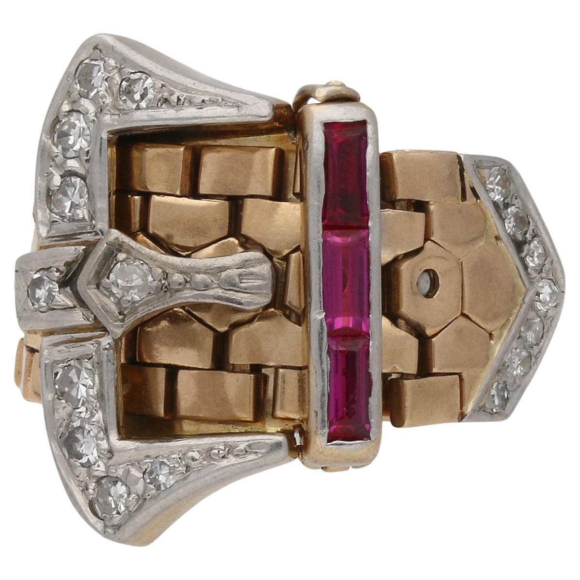 Synthetic ruby and diamond buckle ring, circa 1940. For Sale at 1stDibs