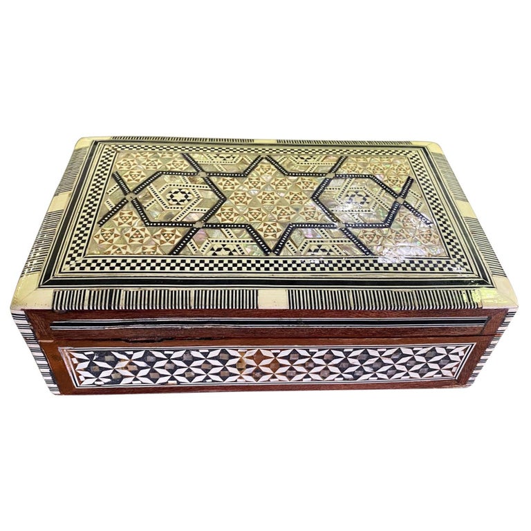 Syrian Moorish Middle Eastern Mother of Pearl Inlaid Mosaic Jewelry Box ...