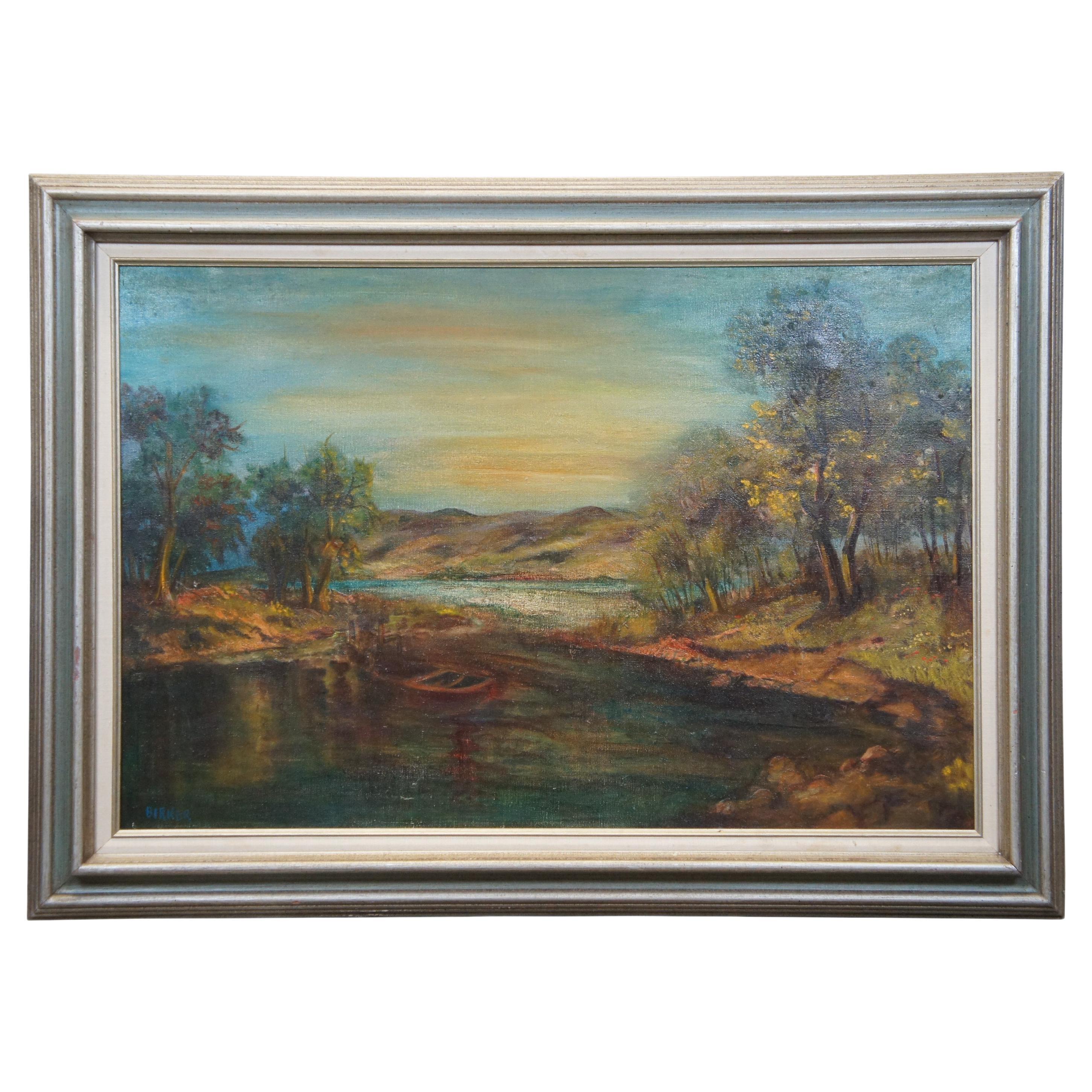 T. Birker 1945 Landscape Seascape Boat Oil Painting on Canvas 43" For ...