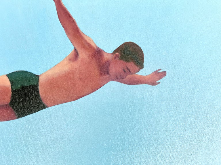 T.S. Harris - "Diving Man" oil on canvas painting of a man, diving with ...