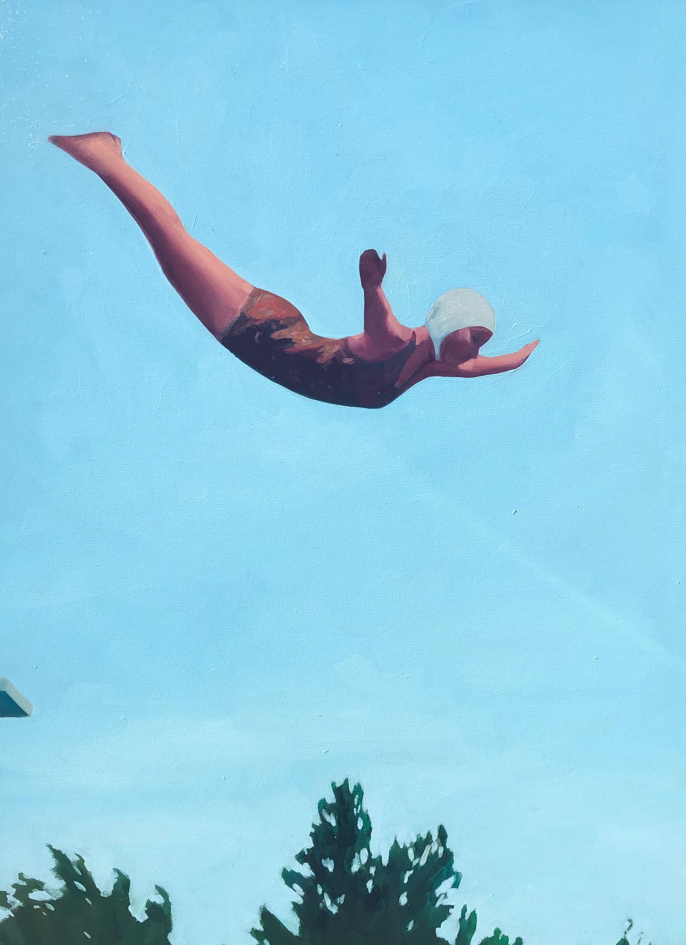 T.S. Harris - "Diving Man" oil on canvas painting of a man, diving with ...