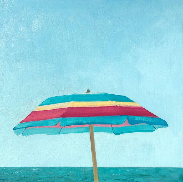 T.S. Harris - "Umbrella and the Sea" Oil painting of a colorful ...