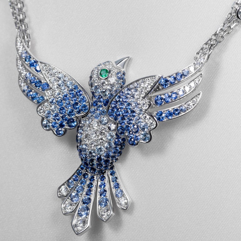 Tabbah 18 Karat White Gold Sapphires and Diamond Hummingbird Necklace ...