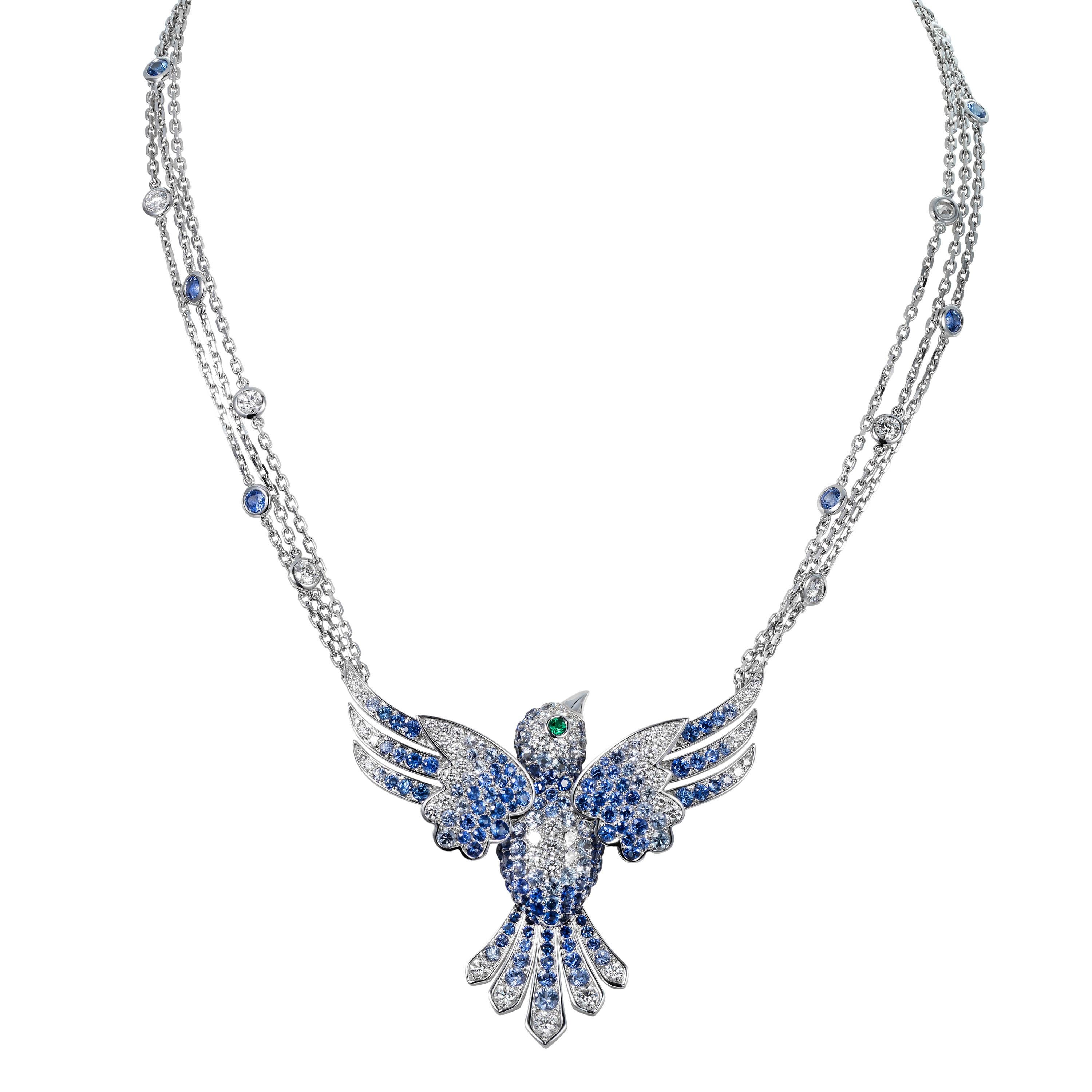 Tabbah 18 Karat White Gold Sapphires and Diamond Hummingbird Necklace ...