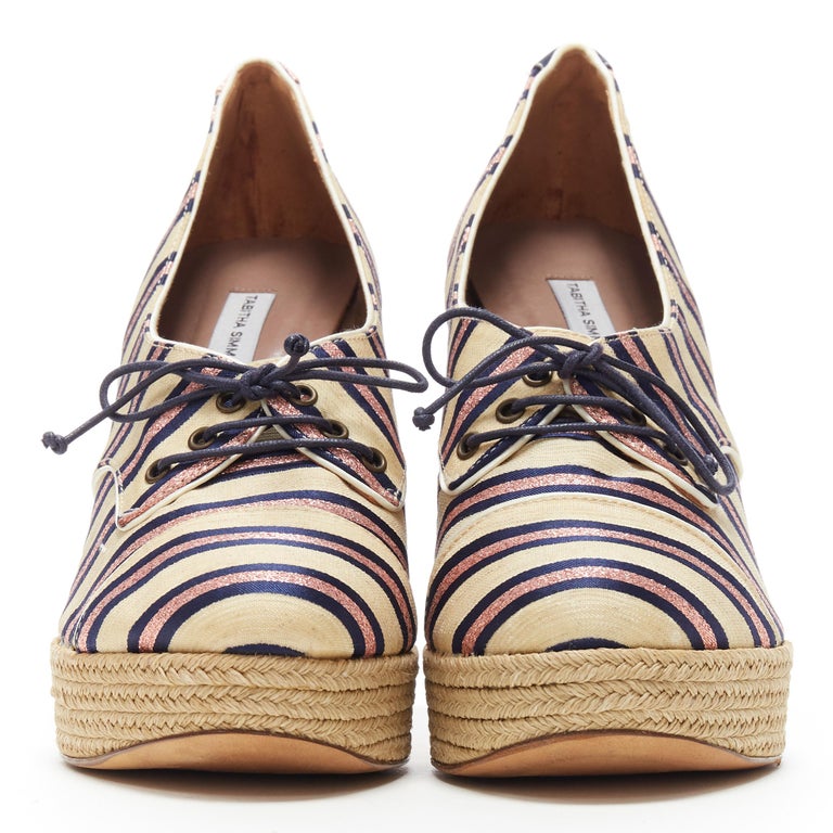TABITHA SIMMONS metallic pink striped canvas jute platform wedge heel ...