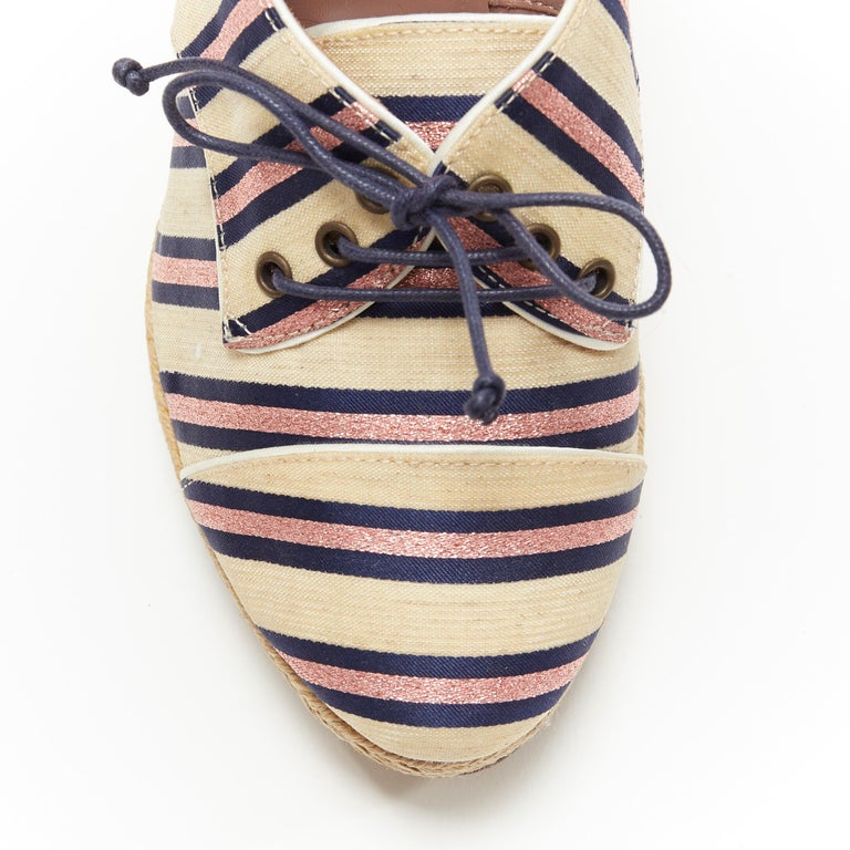 TABITHA SIMMONS metallic pink striped canvas jute platform wedge heel ...