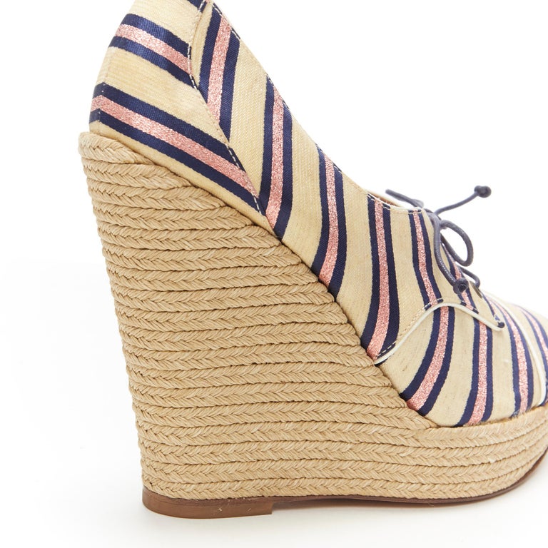 TABITHA SIMMONS metallic pink striped canvas jute platform wedge heel ...