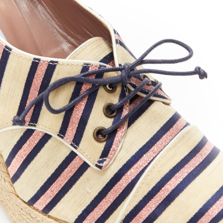TABITHA SIMMONS metallic pink striped canvas jute platform wedge heel ...