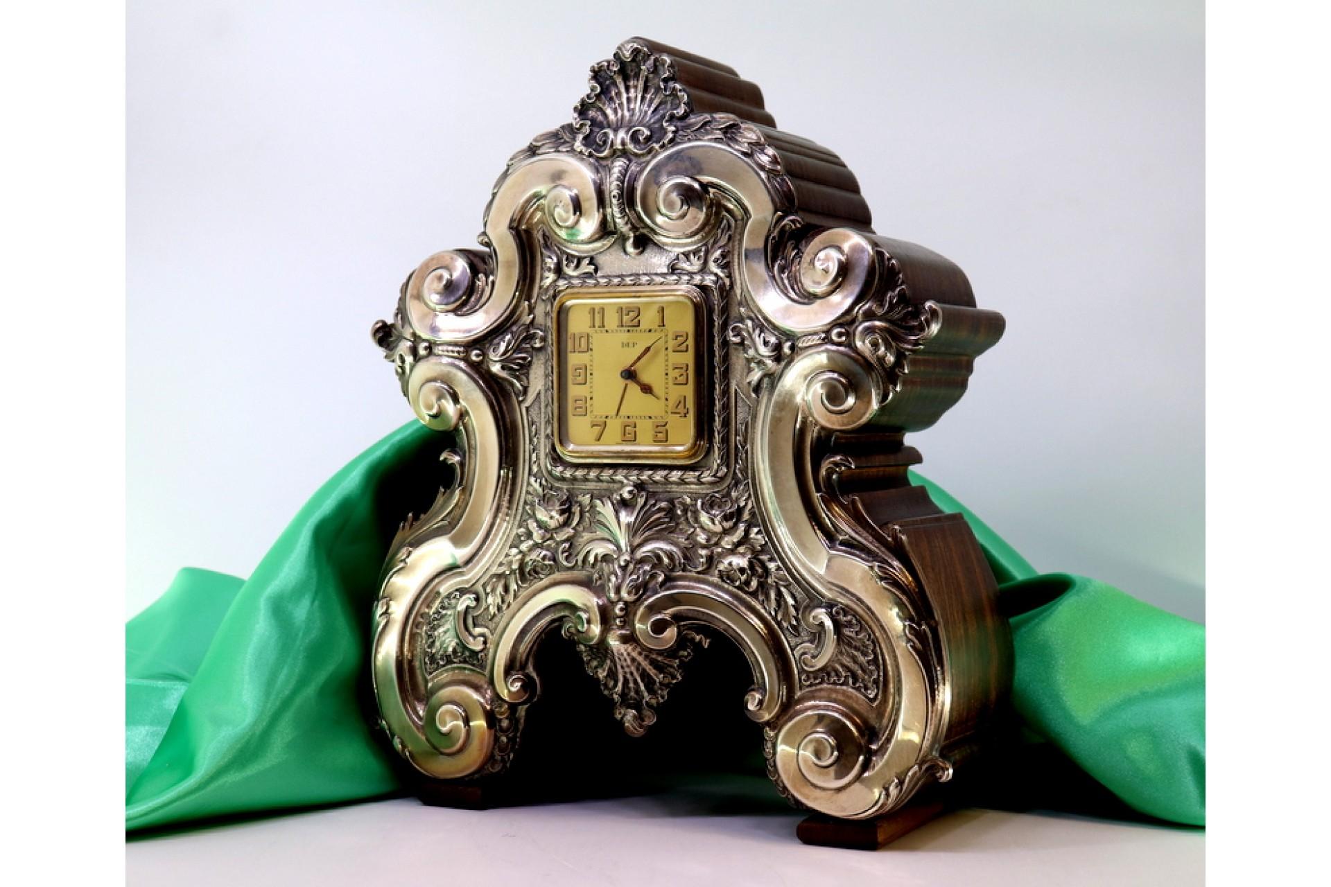 Table alarm clock in rosewood and embossed silver applications For Sale ...