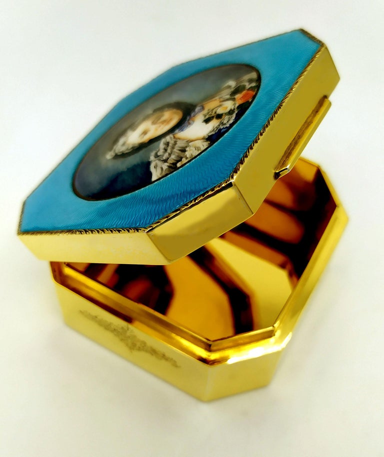 Table Box Octagonal Light Blue Fired Enamel and Miniature Madame ...