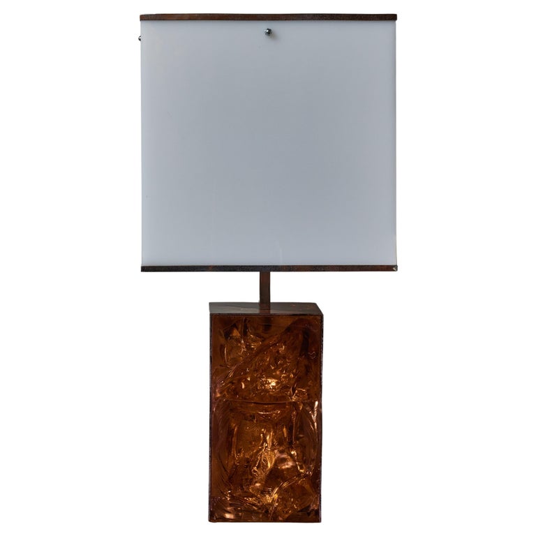Table Lamp in Brown Resin with Original Plexi Lampshade For Sale at 1stDibs