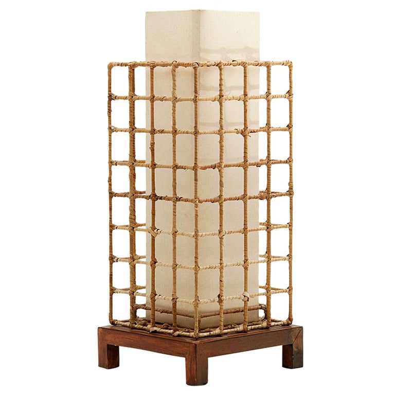 Table Lamp in Wood, and Staw, in the Style of George Nakashima, circa ...