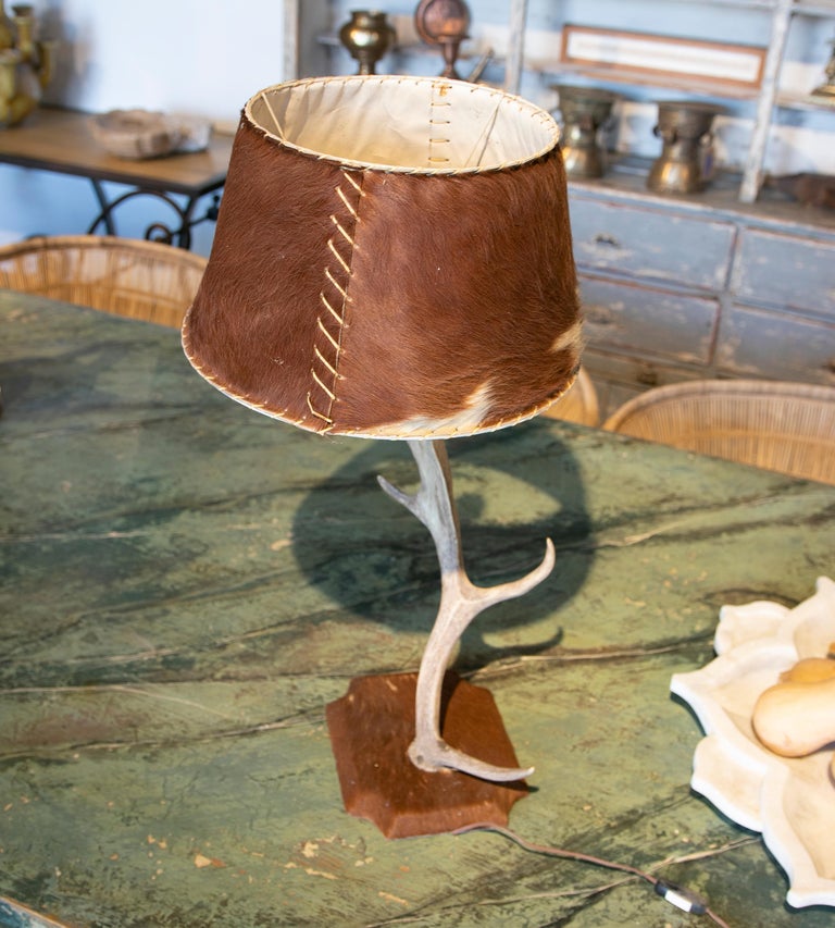 Table Lamp Made with an Antler and Deer Leather Used for the Base and ...