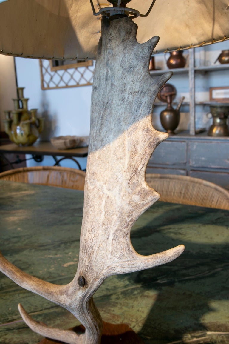 Table Lamp Made With An Antler And Deer Leather Used For The Base And